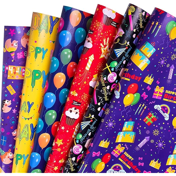 Buy Wrapping Paper Sheet, KASTWAVE Folded Flat, 6 Different Birthday ...