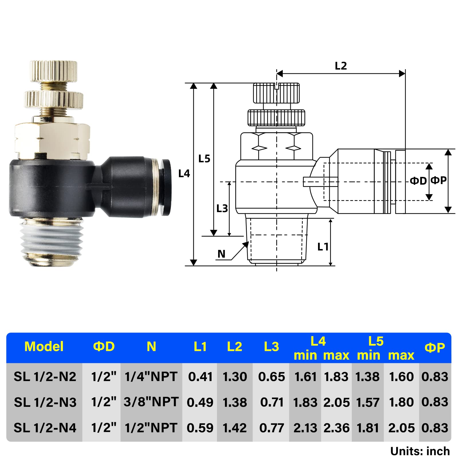 Snapklik.com : 2 Pack SL-1/2-N2 Push To Connect Air Line Fitting Air ...