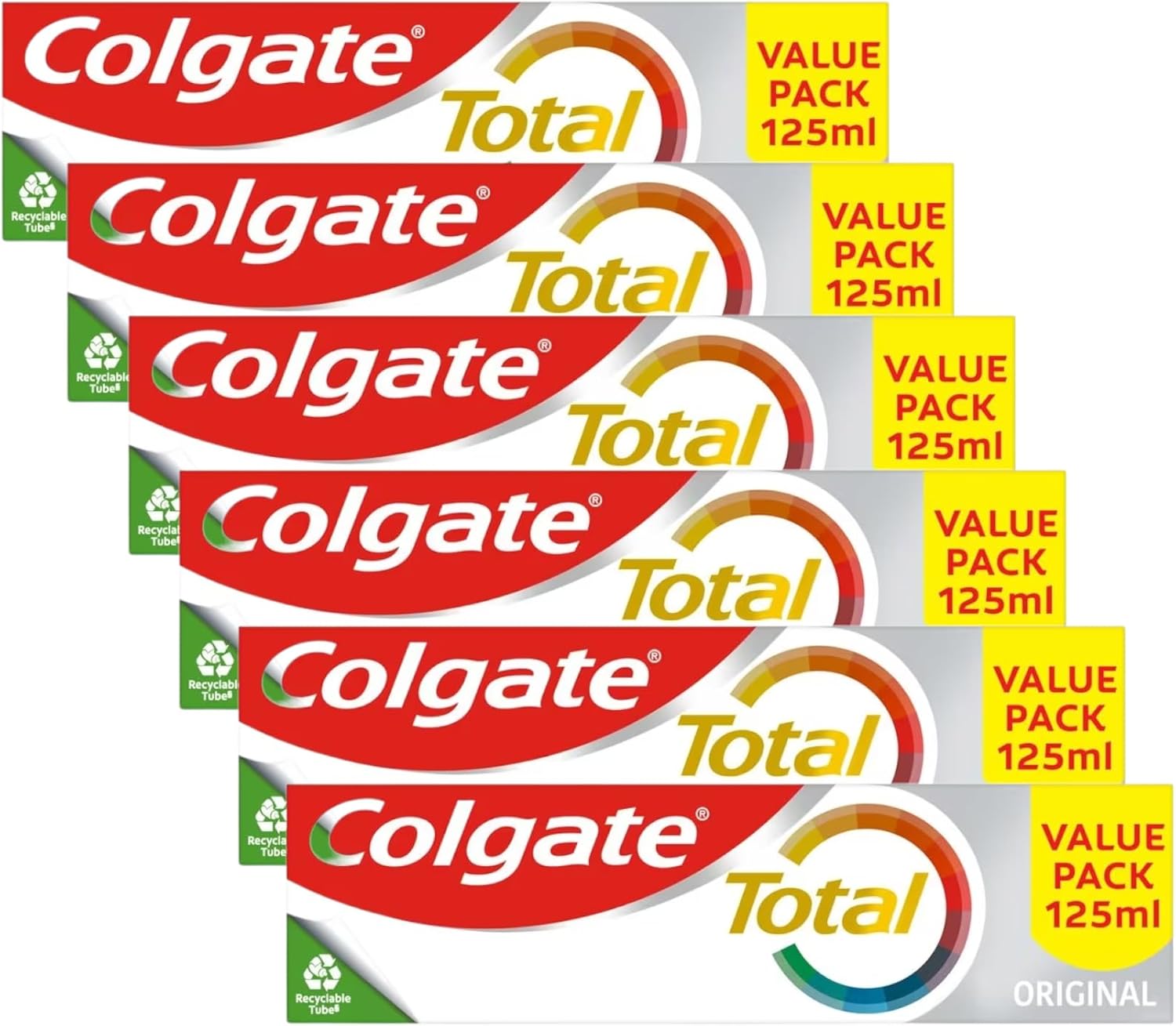 Colgate Total Original Toothpaste (6 x 125 ml), 24 Hour Antibacterial ...