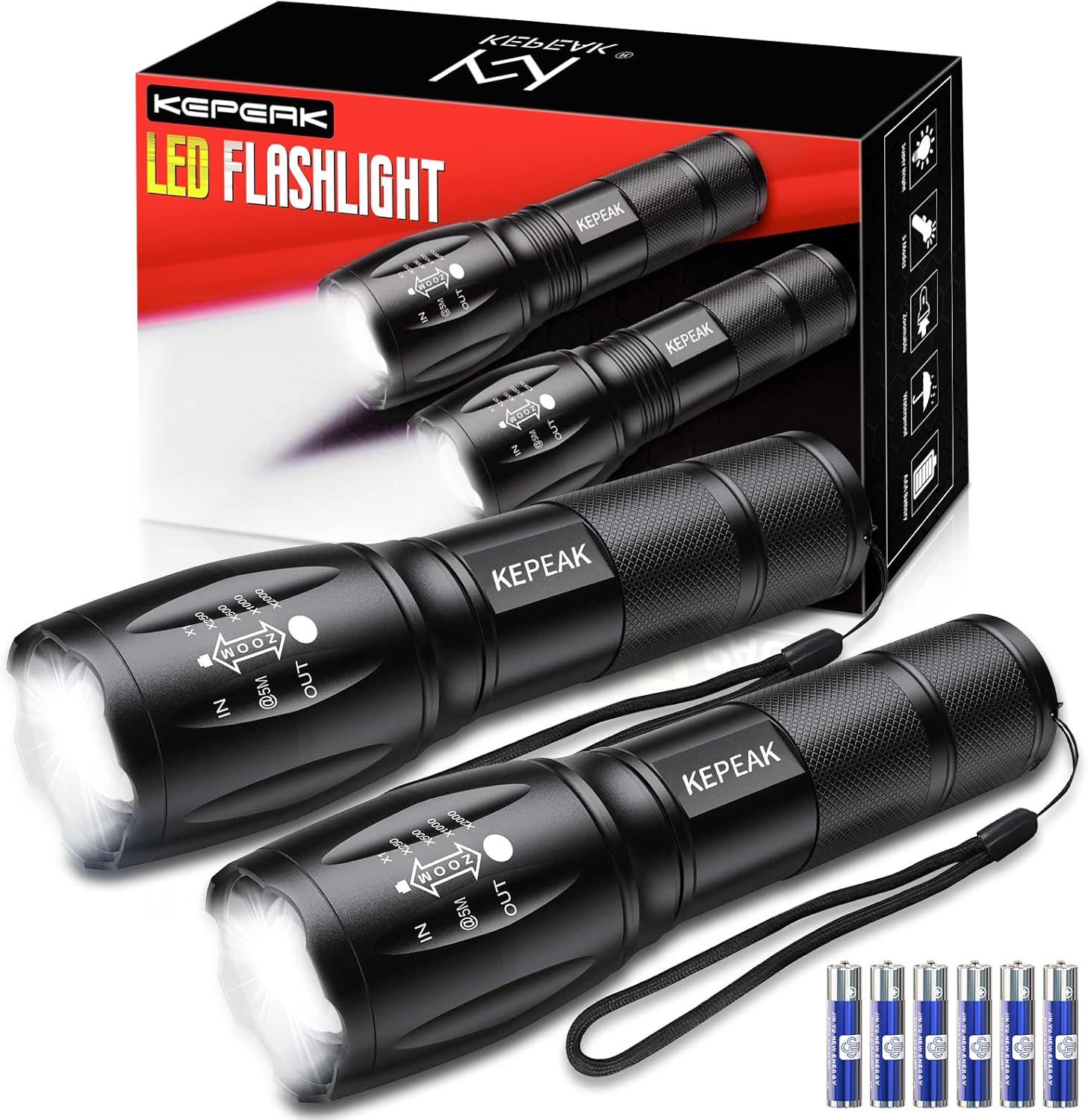 KEPEAK Flashlight, 5 Modes Tactical LED Flashlight, High Lumen IPX5 ...