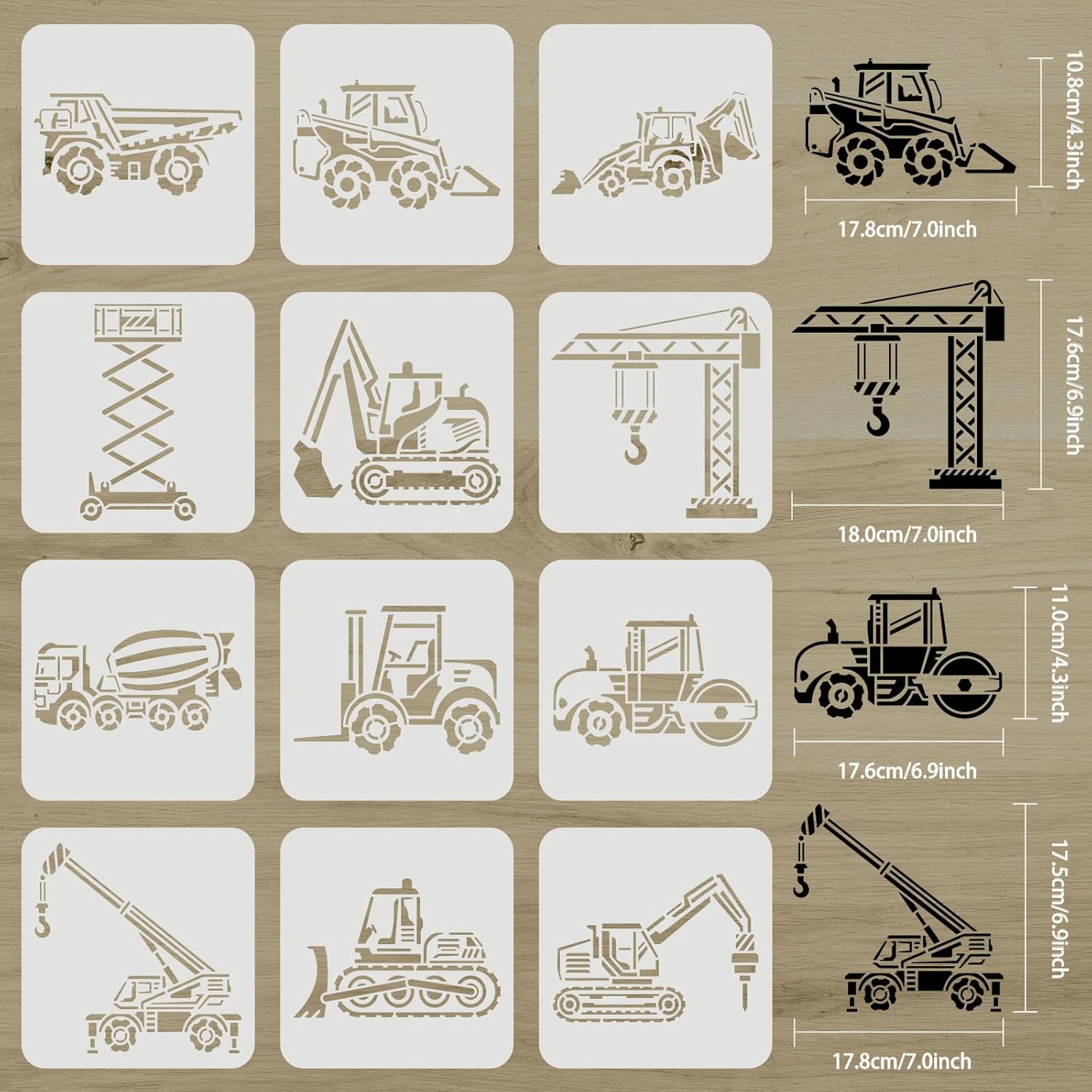 FINGERINSPIRE 12 Pcs Construction Vehicle Stencils 20x20cm Reusable ...