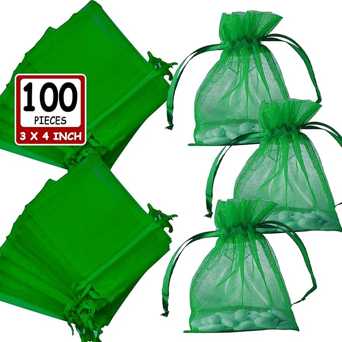 Amazon.com: Green Organza Bags 3x4 Inch (100 Pcs) Mesh Drawstring Bag ...