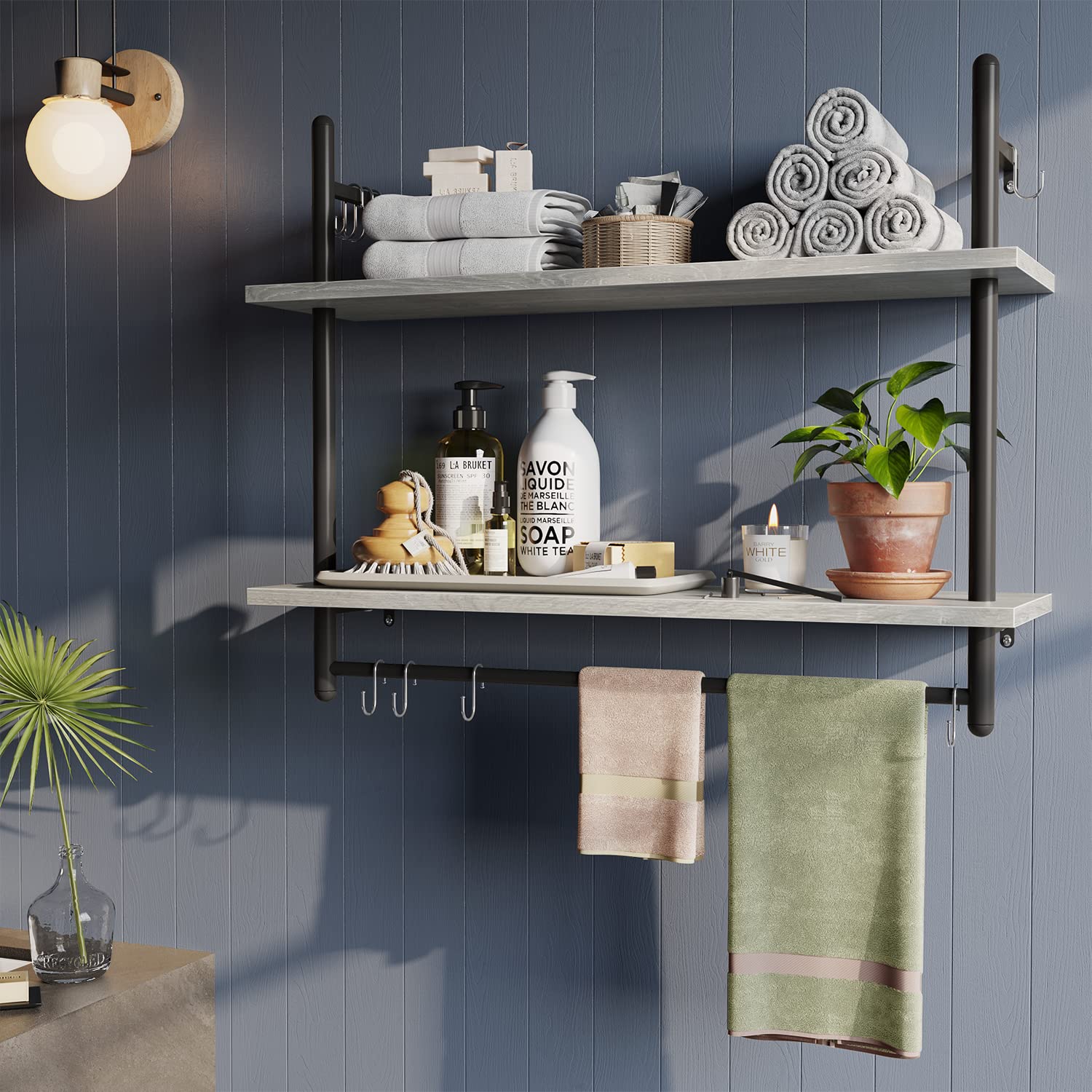 Ceiling Storage 2-Layer Solid Wood Ceiling Shelf, Industrial Iron Bar ...