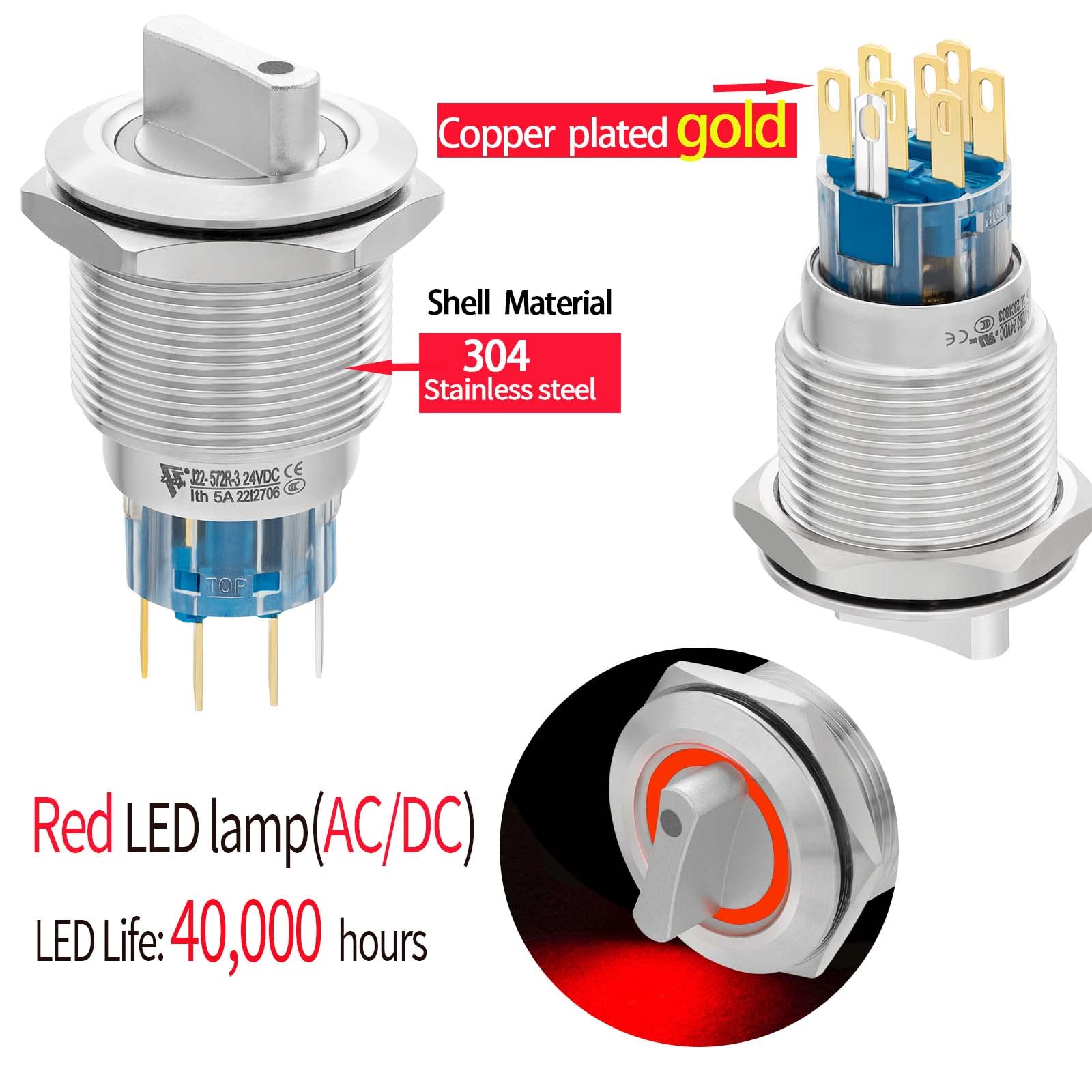Snapklik.com : ZJWZJH 3 Position Rotary Switch 22mm 7/8" Red LED Light ...