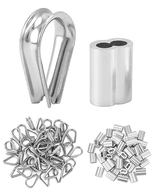 QWORK Wire Rope Cable and Crimping Loop Sleeves, 50 Pcs 1/4" Diameter ...