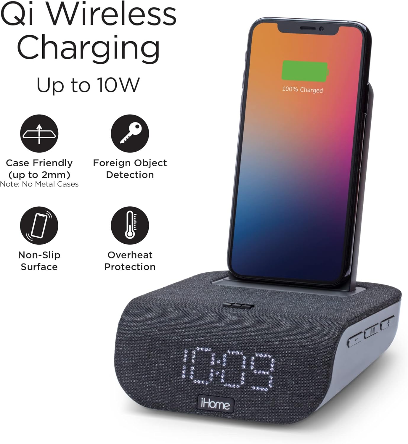 iHome Alarm Clock with Wireless Charging, USB Charging, and Bluetooth ...