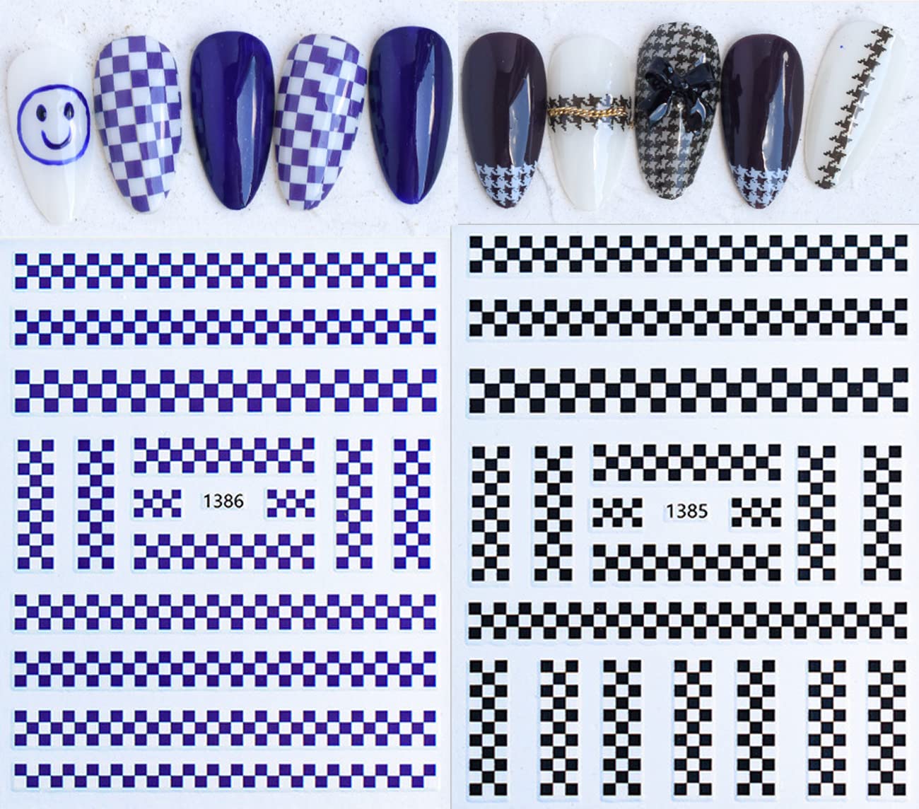 3 Sheets Black and White Checkerboard Nail Art Stickers Lattice Nail ...
