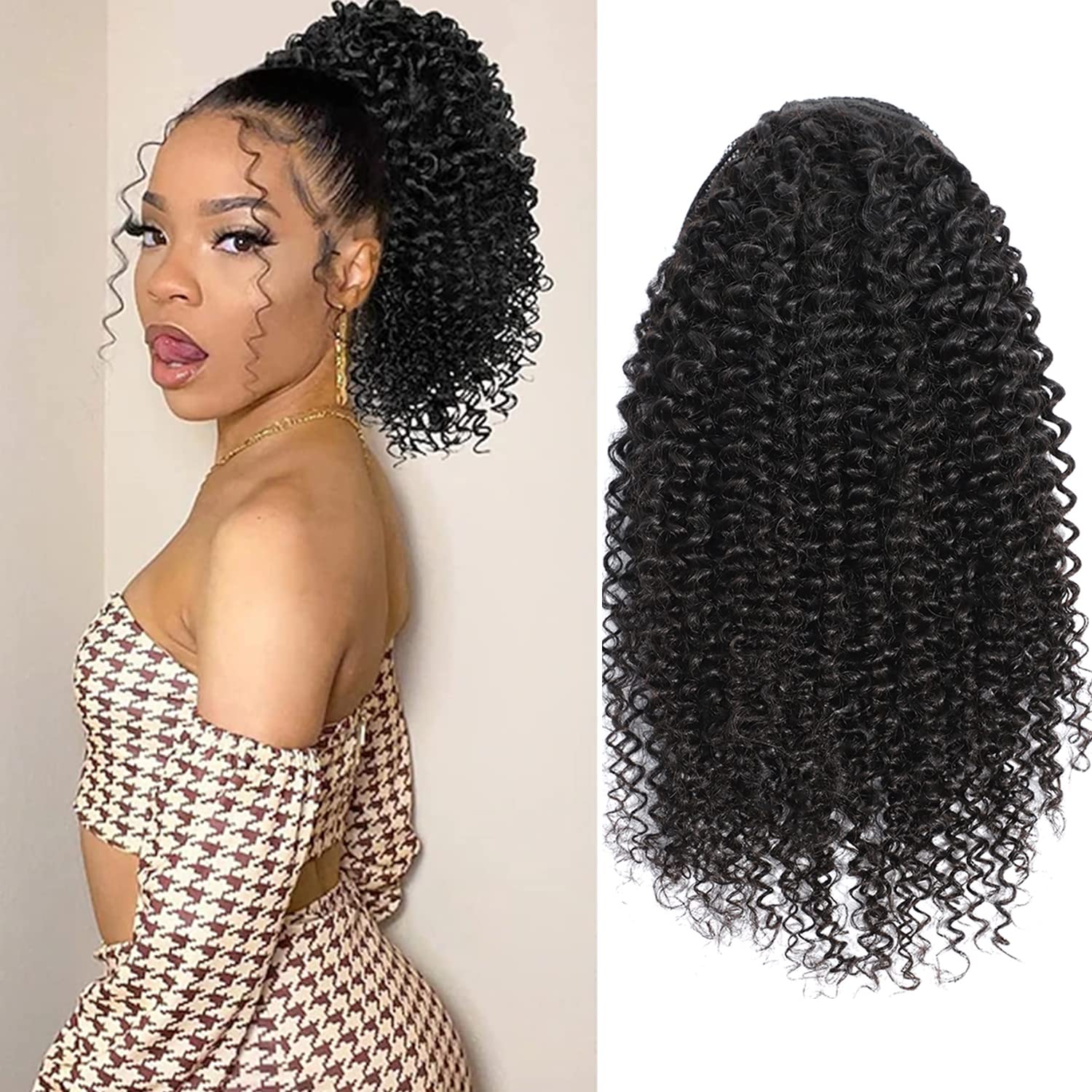 Amazon.com : Short Curly Human Hair Ponytail Extension Wrap Drawstring ...