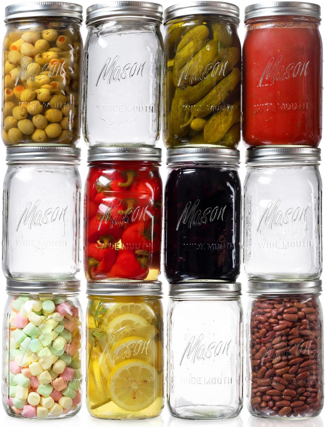 Amazon.com: Wide Mouth Mason Jars 32 oz. (12 Pack) - Quart Size Jars ...