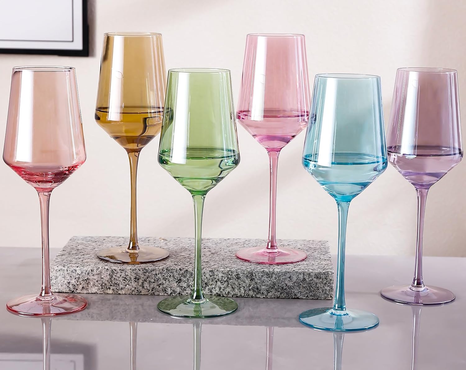 Amazon.com | Physkoa 15oz Colored Wine Glasses Set of 6 – Elegant Long ...