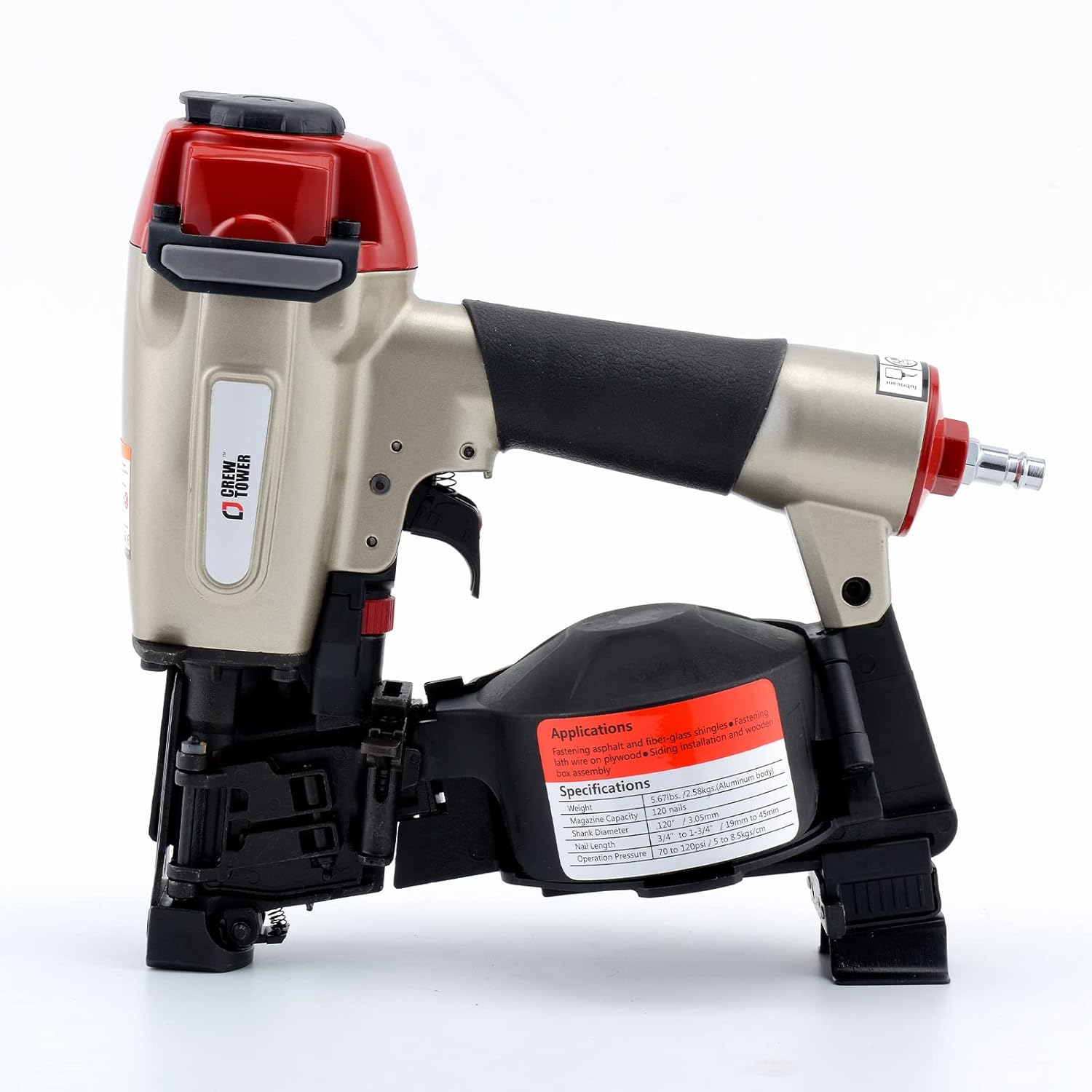 CREWTOWER Roofing Nail Gun, 15 Degree 3/4-inch to 1-3/4-inch Pneumatic ...