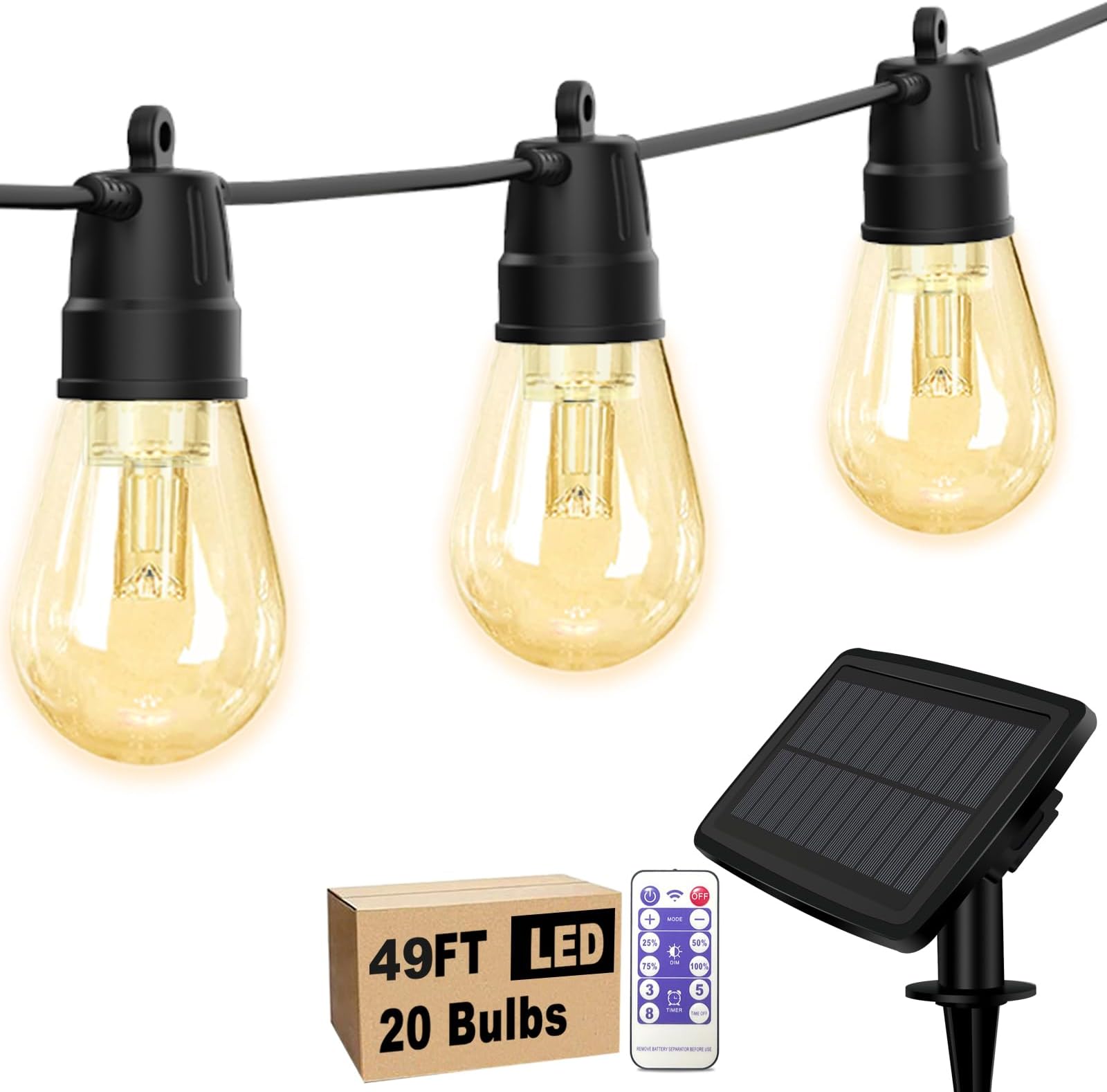 Solar String Lights Outdoor Waterproof - 49Ft Patio Lights with 20 S14 ...