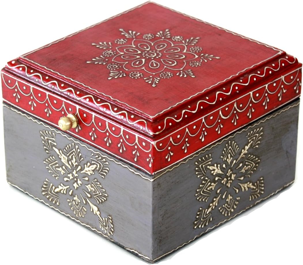 Amazon.com: Square Wooden Hand Painted Decorative Box in Dark Red and ...