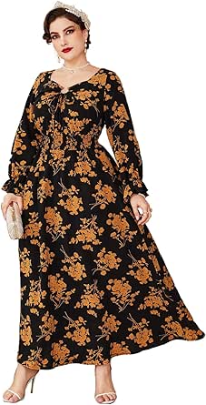 TOLEEN Folral Printed Plus Size Dress for Women Casual Long Sleeve Maxi ...
