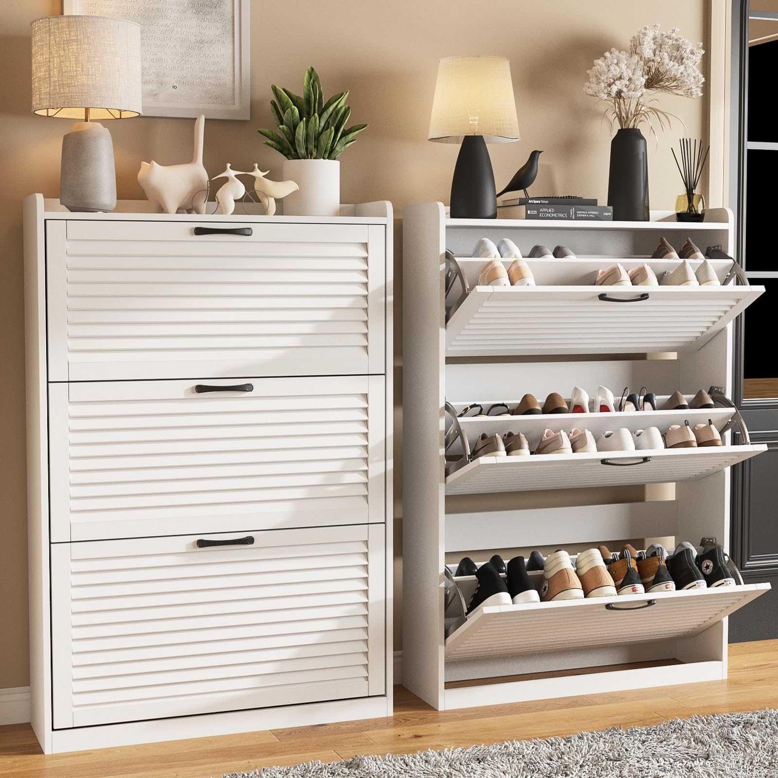 Amazon.com: HZANHY White Shoe Cabinet with 3 Flip Drawers, Freestanding ...