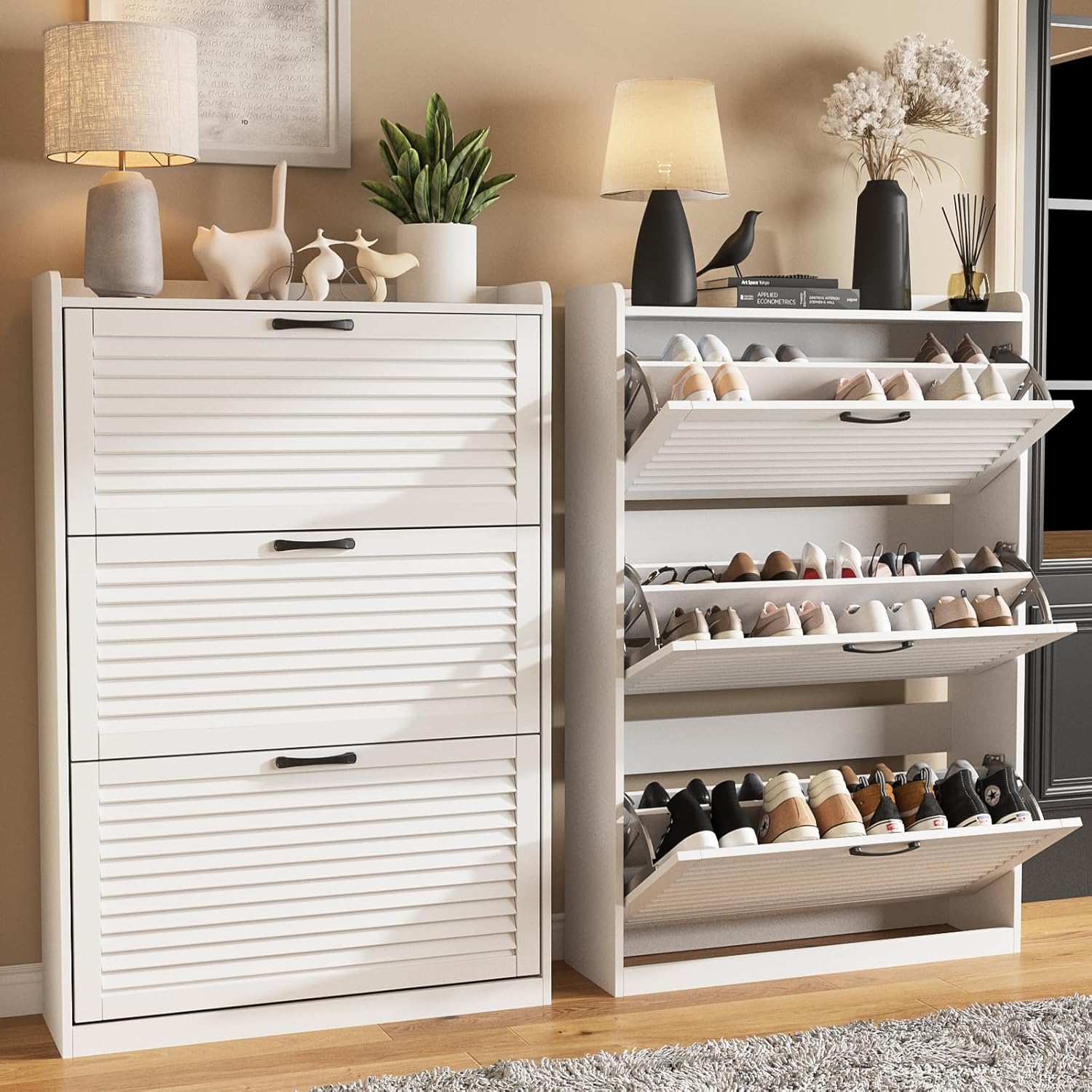 Amazon.com: Maupvit Shoe Storage Cabinet with 3 Flip Louvered Doors ...