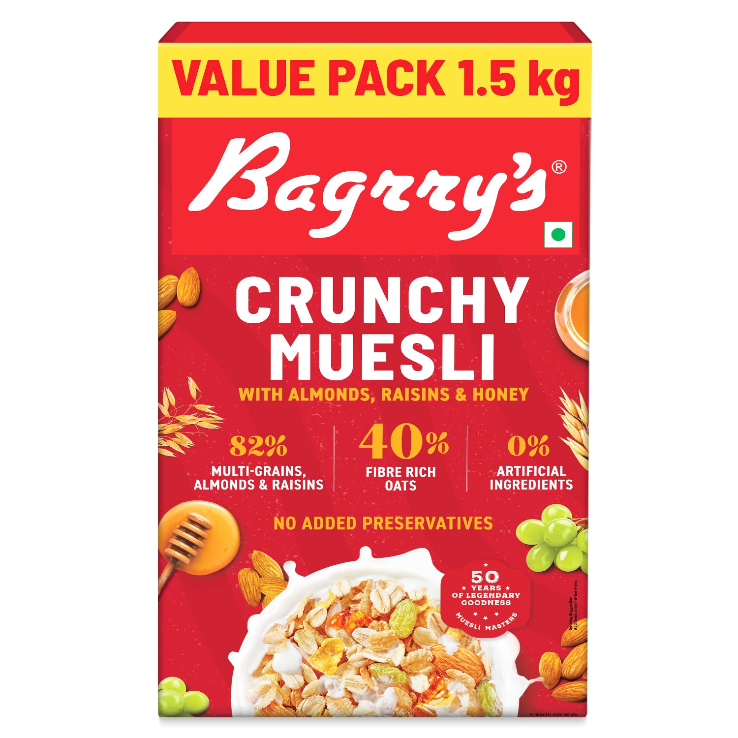 Bagrry's Crunchy Muesli 1.5kg Box| 40% Fibre Rich Oats with Bran | 82% ...