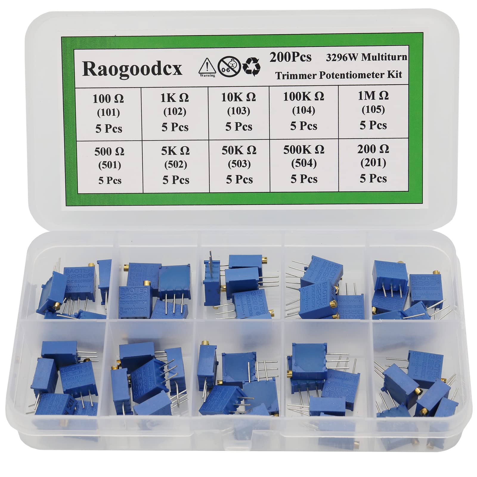 Raogoodcx 50Pcs 100 to 500K ohm 3296W Multiturn Trimmer Potentiometer ...