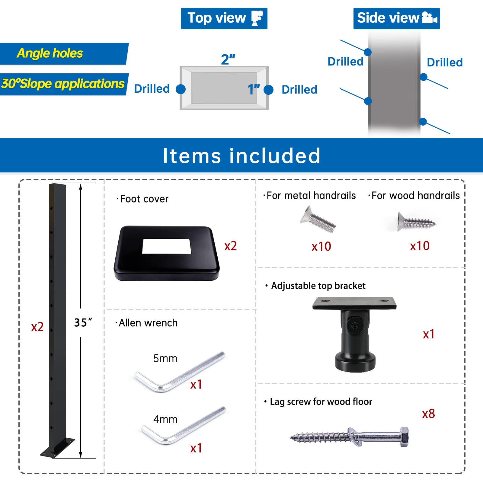Muzata 2Pack 30Â° Slope Post Knee Wall 36"x1"x2"(Post Body 35") 30Â ...