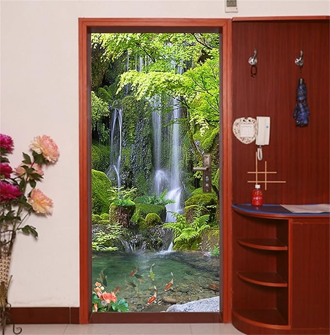 Amazon.com: artfanke 3D Green Forest Waterfall Door Sticker Peel and ...