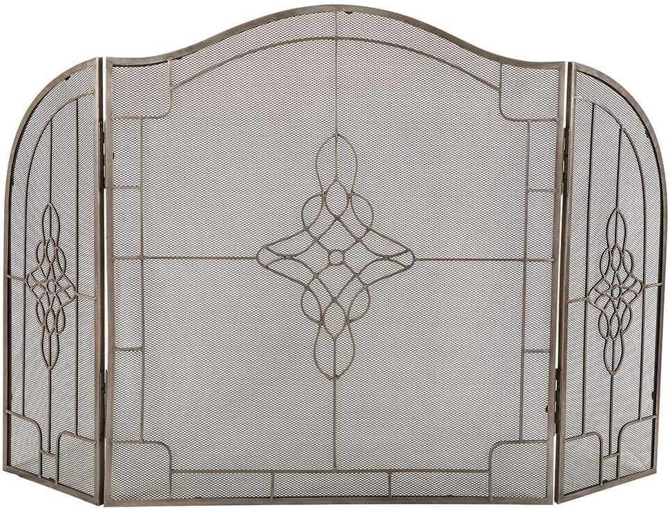 Free Standing Mesh Fireplace Screen Guard Silver Scrolled Three Fold ...