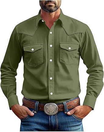 Western Cowboy T-Shirts for Men Pearl Snap Button Down Cotton Work T ...