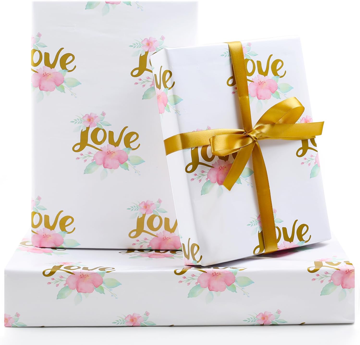Amazon.com: Wedding Wrapping Paper, Gold Love With Pink Floral White ...