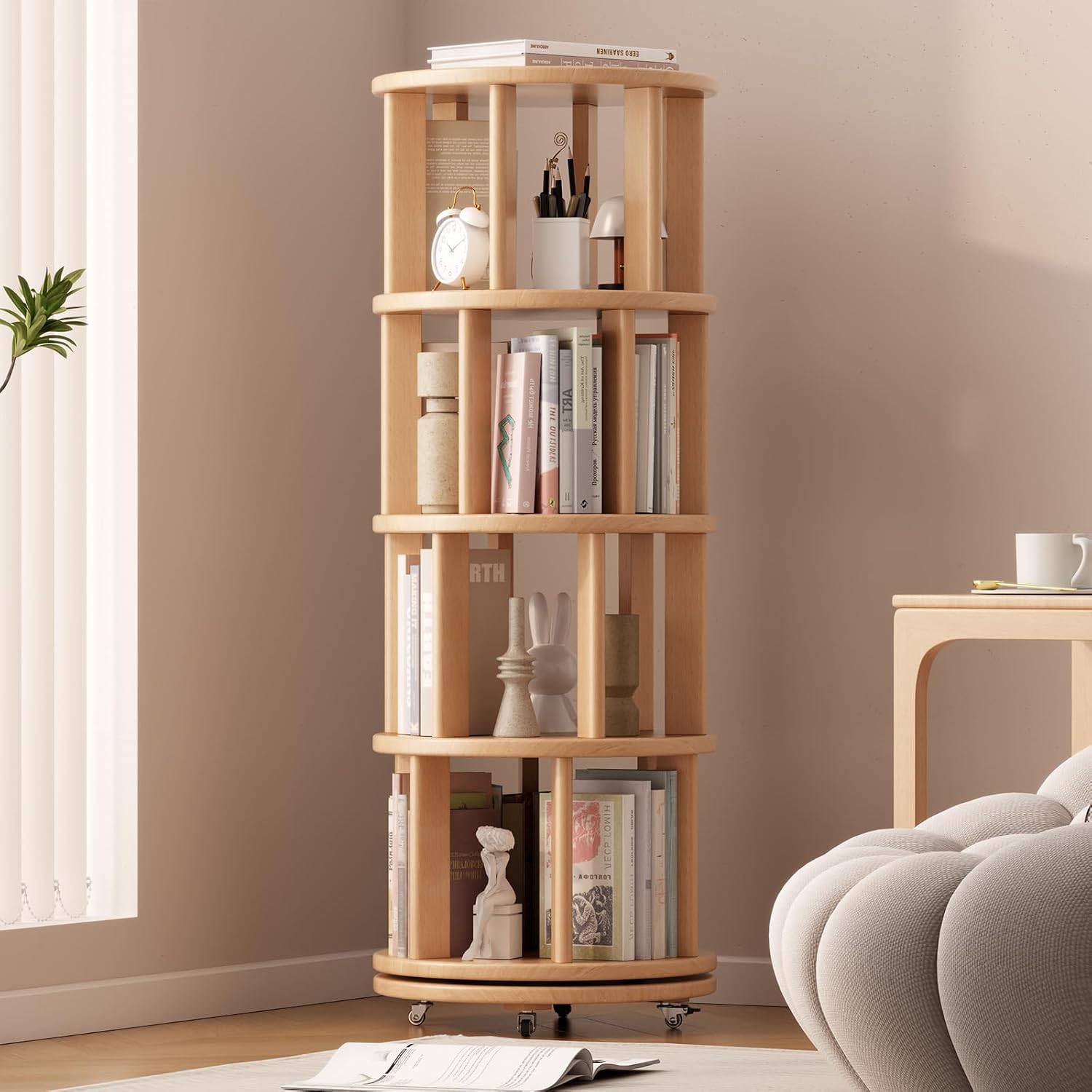 Amazon.com: KASLANDI Solid Wood Rotating Bookshelf with Brake Wheels ...