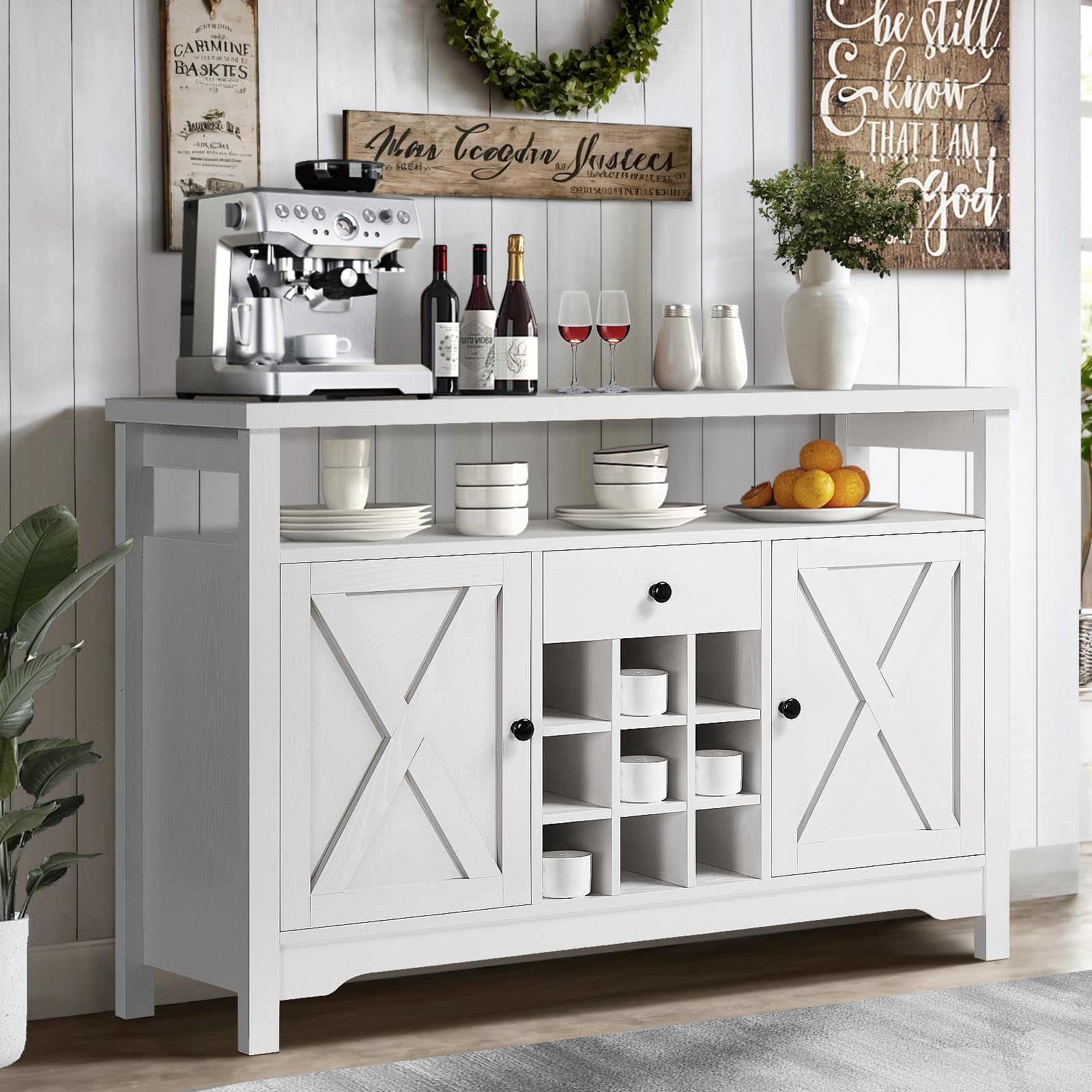 Amazon.com - 4ever2buy White Coffee Bar Cabinet with Storage, Farmhouse ...
