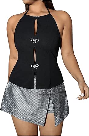 OYOANGLE Women's Plus Size Rhinestone Bow Cut Out Dressy Halter Tops ...