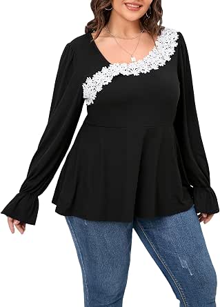 Floerns Women's Plus Size Guipure Lace Flounce Long Sleeve Flared Tee ...