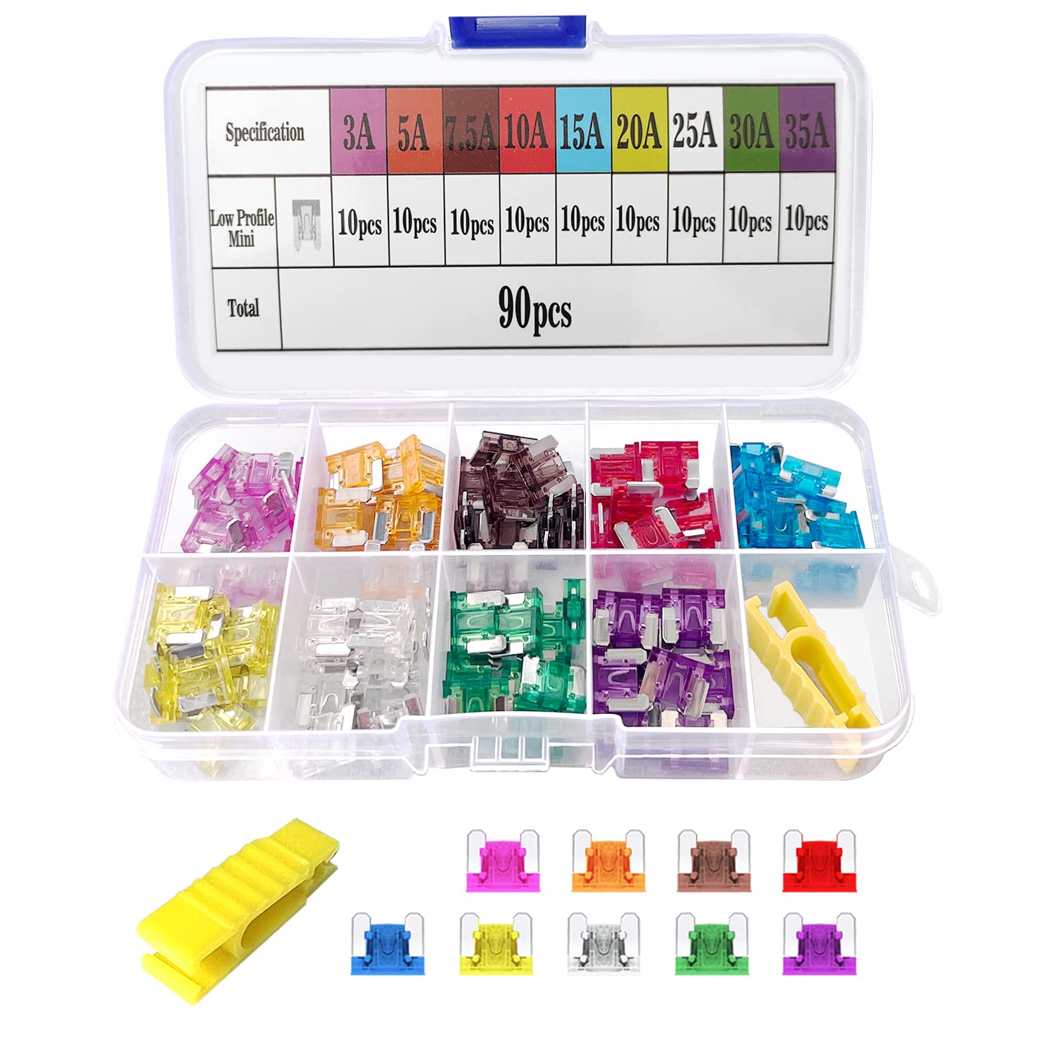 Car Fuse Assortment Kit, 90 PCS Blade Automotive Fuse, Low Profile Mini ...
