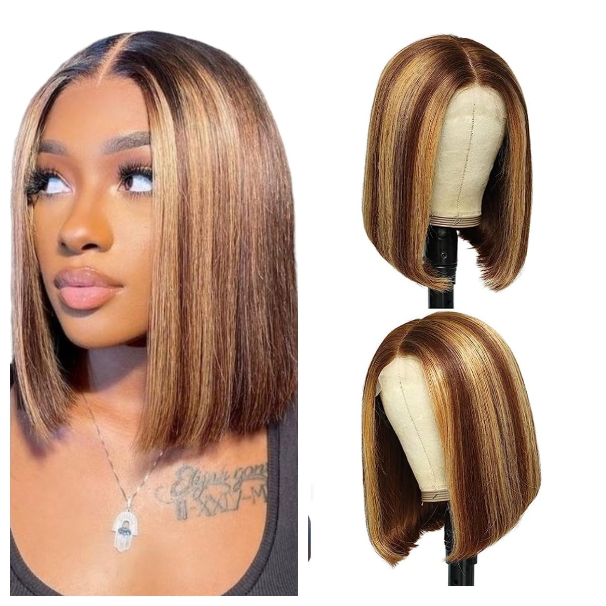 Amazon.com : RLHAIR Ombre Highlight Bob Wig Human Hair 13x4 Lace ...