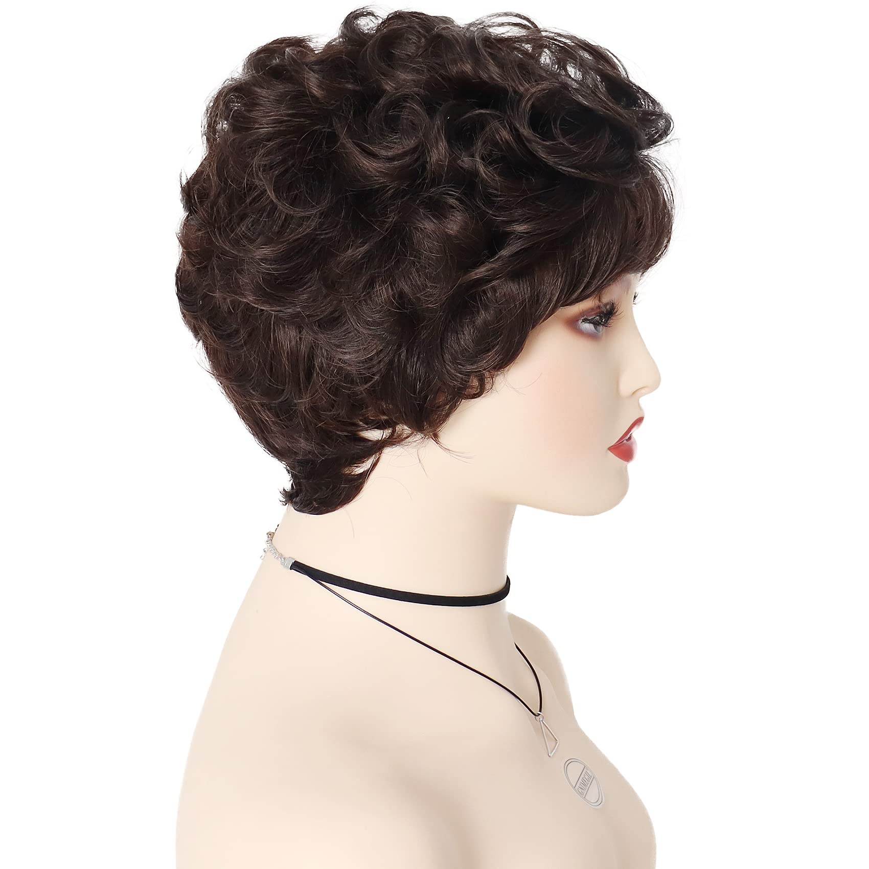 GNIMEGIL Short Dark Brown Curly Wigs with Fuffly Bangs for Women ...