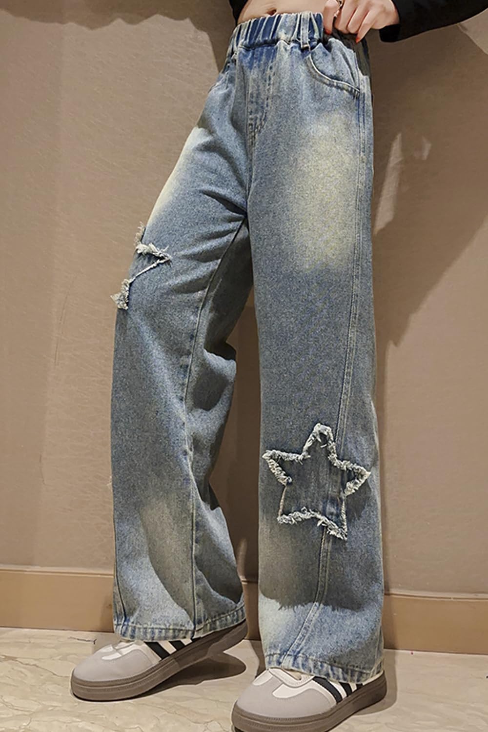 Snapklik.com : AOWKULAE Girls Star Baggy Jeans Stretch Waist Wide-Leg Jeans