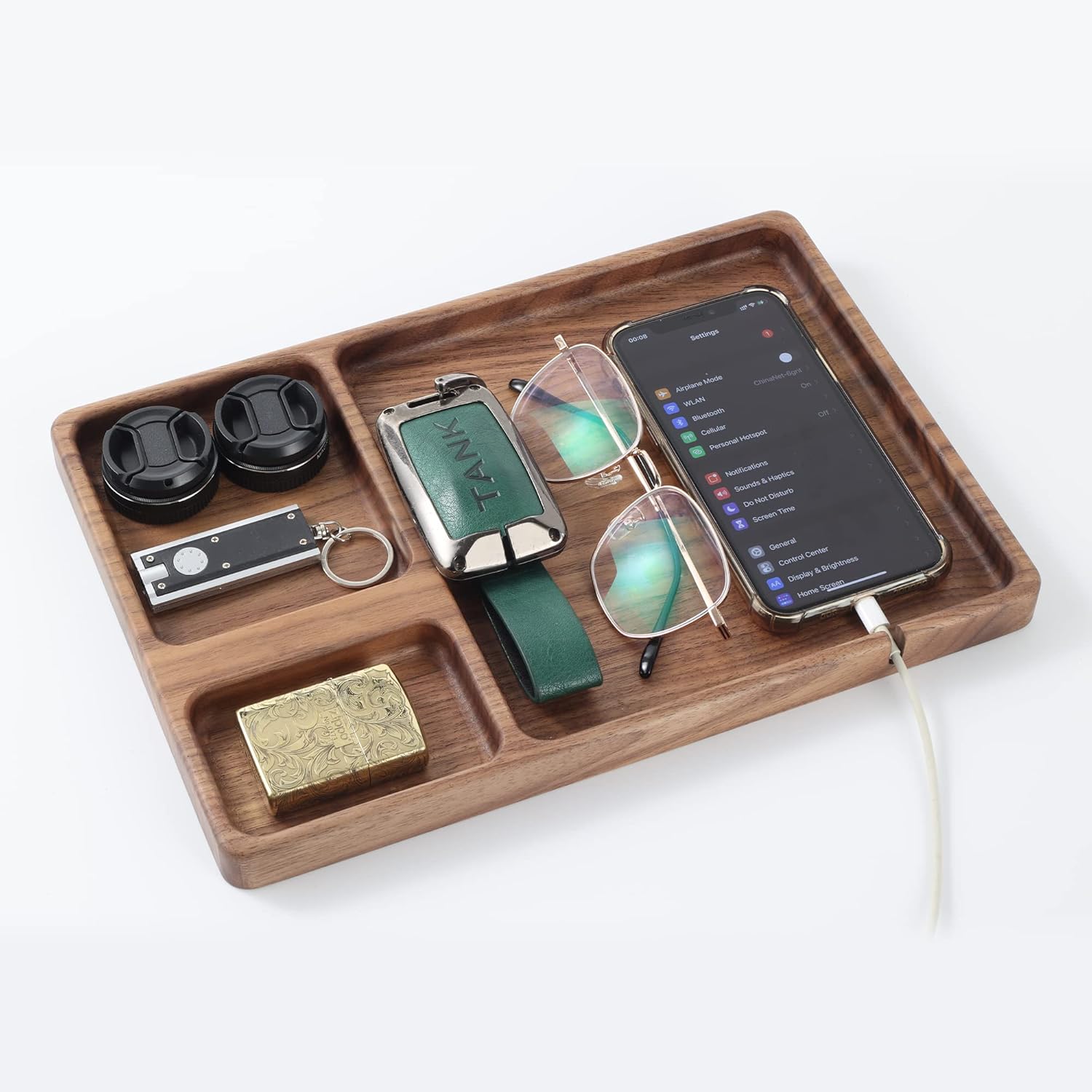 Amazon.com: SEEDWAVE Walnut Wooden Valet Tray – Bedside Table Organizer ...