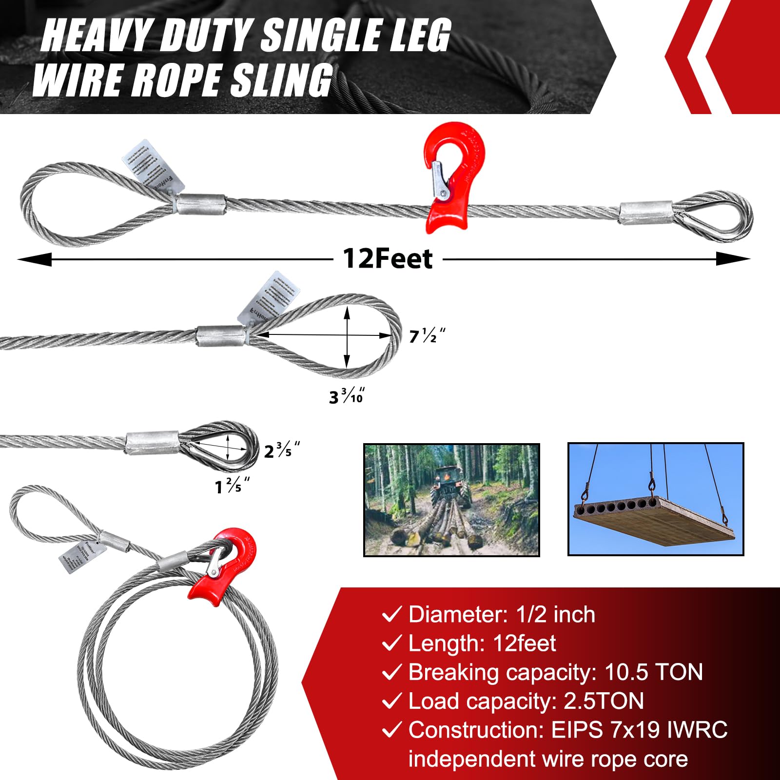 Snapklik.com : FITHOIST Single Leg Wire Rope Sling, 103T Steel Log ...