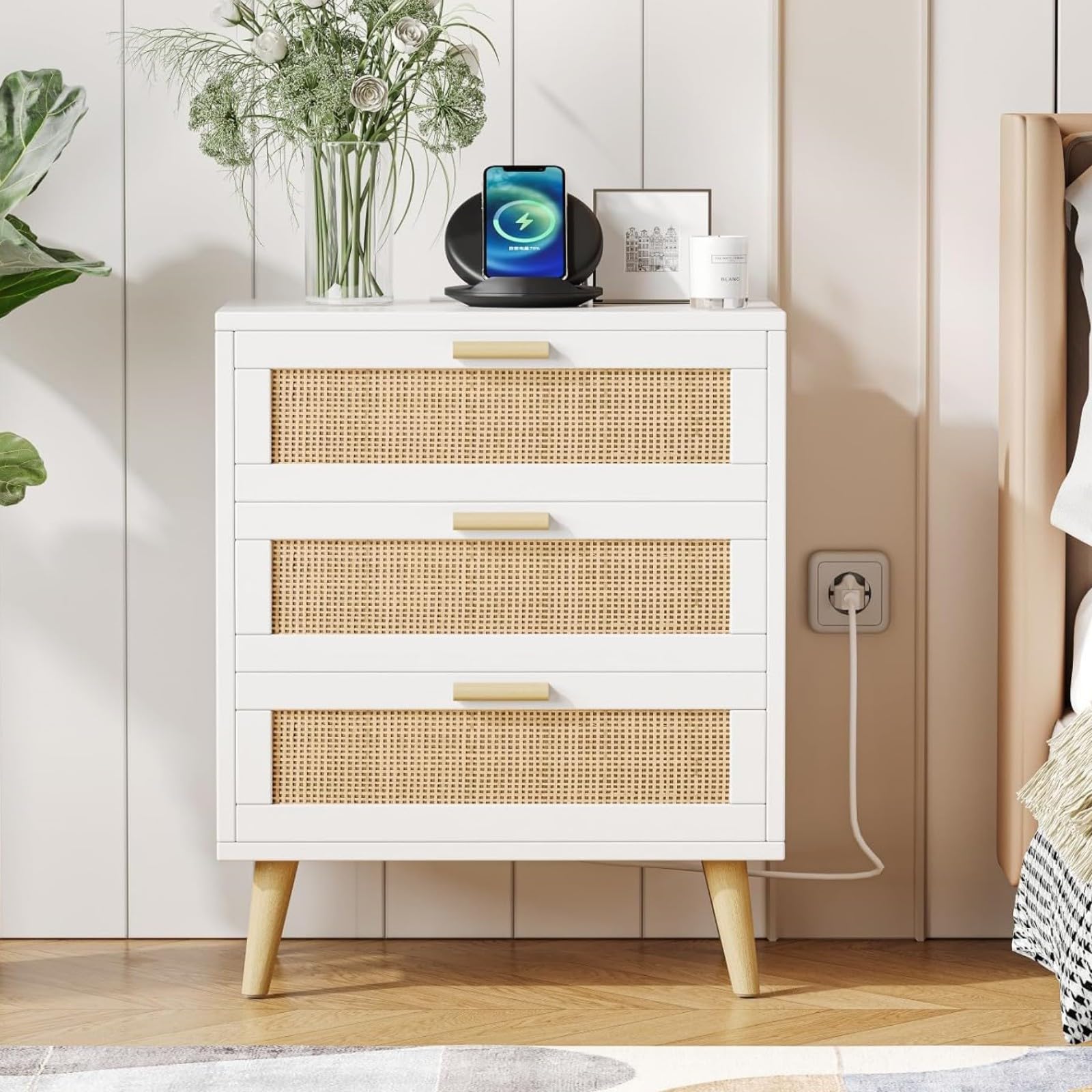 Amazon.com: Irontar Rattan Nightstand with Charging Station, Night ...