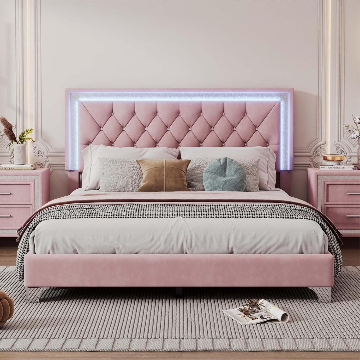 Amazon.com: Queen Size Velvet Platform Bed Frame with LED Lights ...