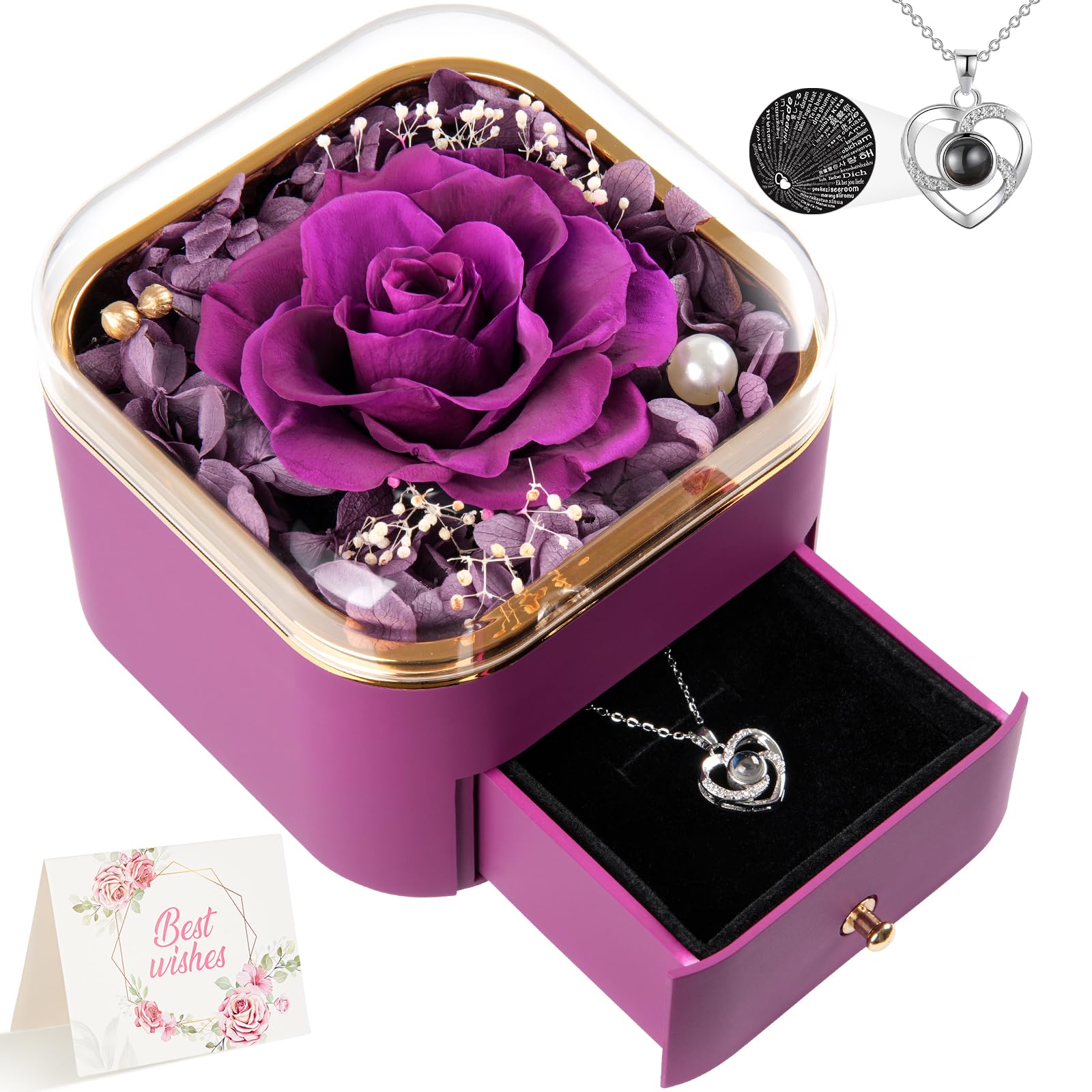 Amazon.com: N&T NIETING Eternal Preserved Purple Rose Necklace with ...