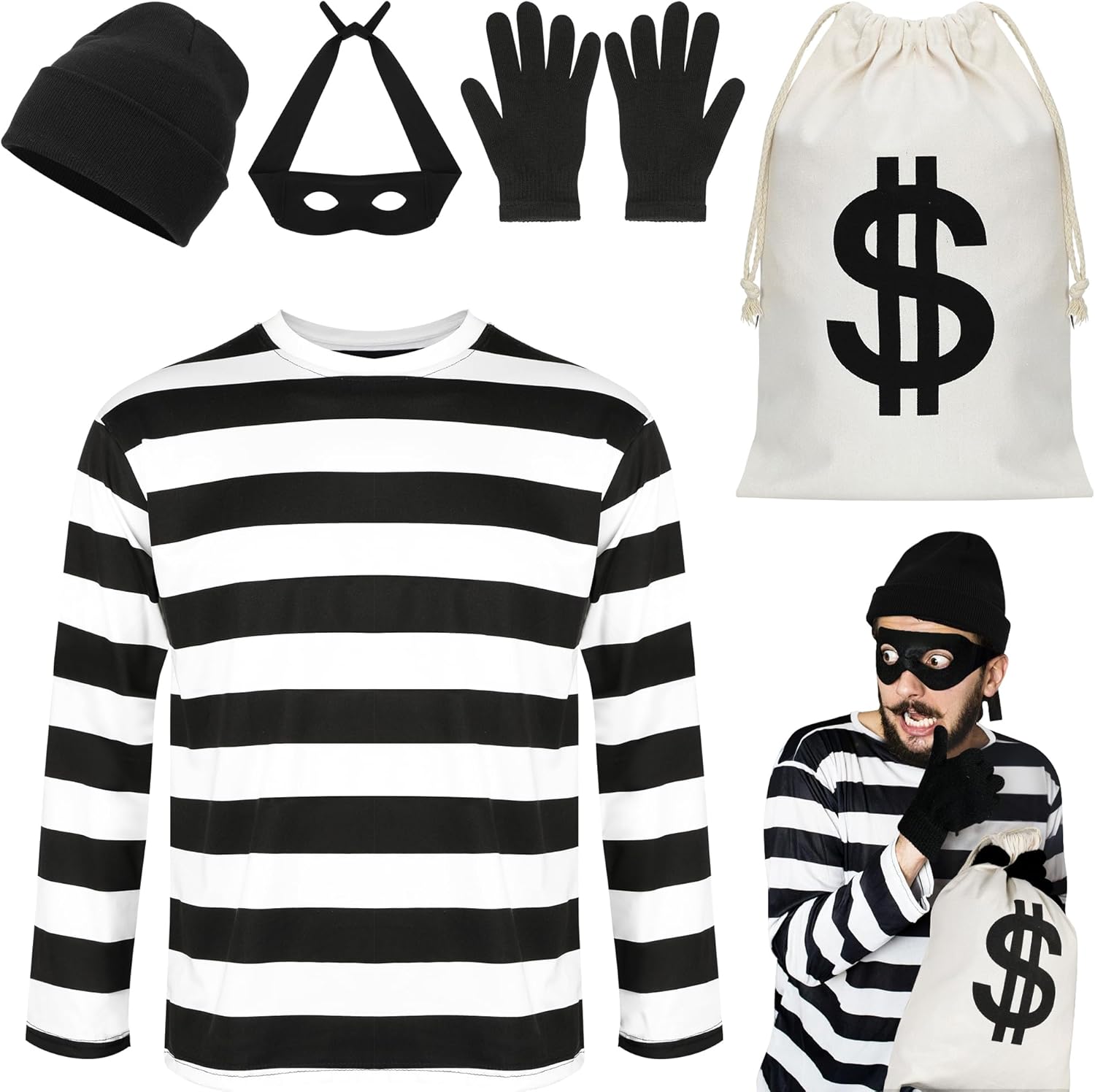 QZYL Robber Costume Set, Unisex Thief Cosplay T Shirt Beanie Cap Gloves ...