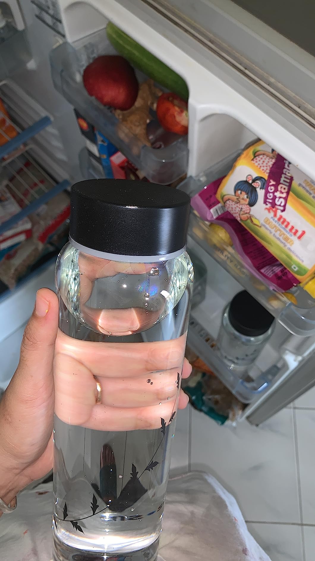 Borosil Crysto Krip Glass Water Bottle 1L, Wide Mouth, Black SS Lid ...