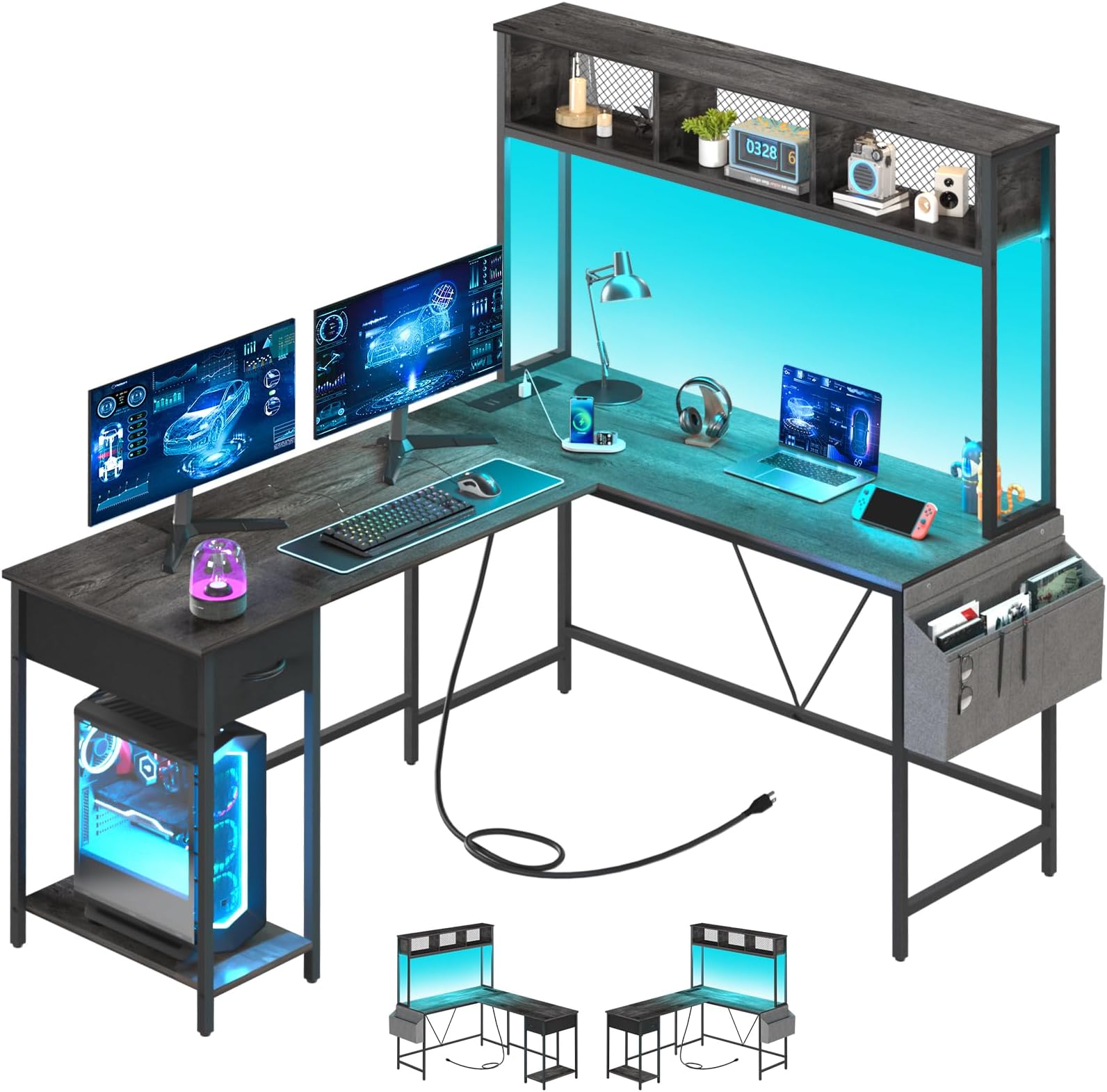 Amazon.com: AMITH L Shaped Computer Desk with LED Strip and Power ...