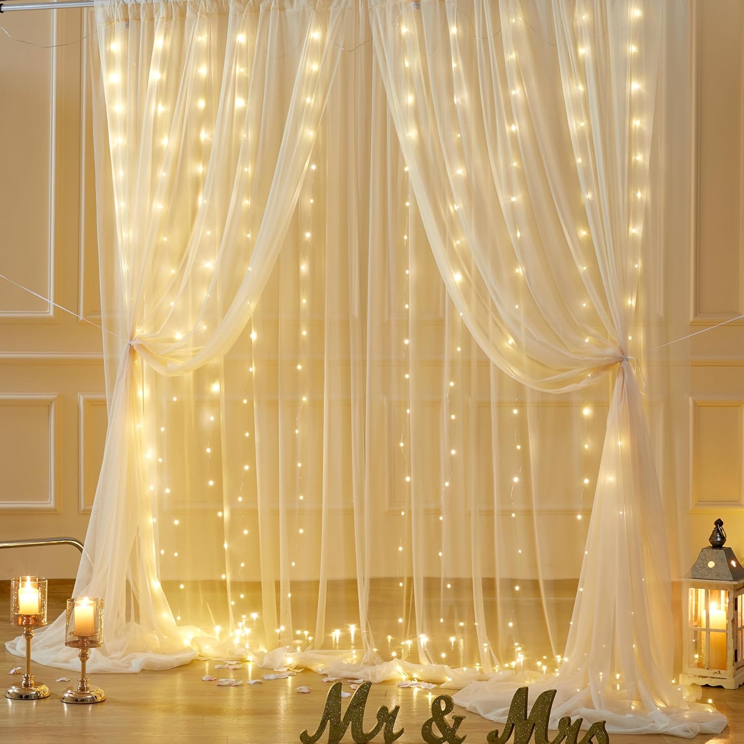 Amazon.com: Sheer Curtains with Lights Champagne Tulle Backdrop Curtain ...