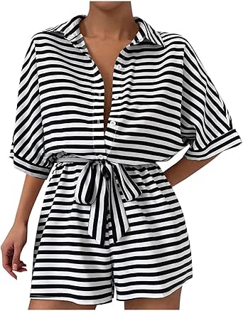 Amazon.com: Women's Striped Button Rompers Shorts Fashion Half Sleeve ...