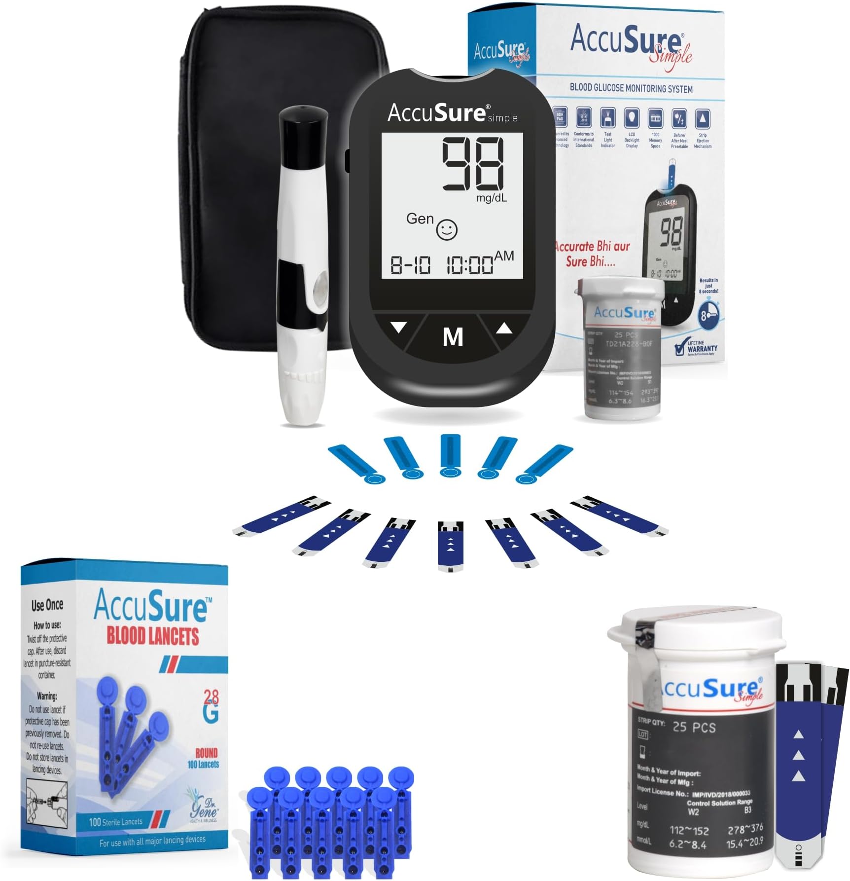 AccuSure Instant Digital Simple Glucometer Kit With 100 Blood Lancet ...