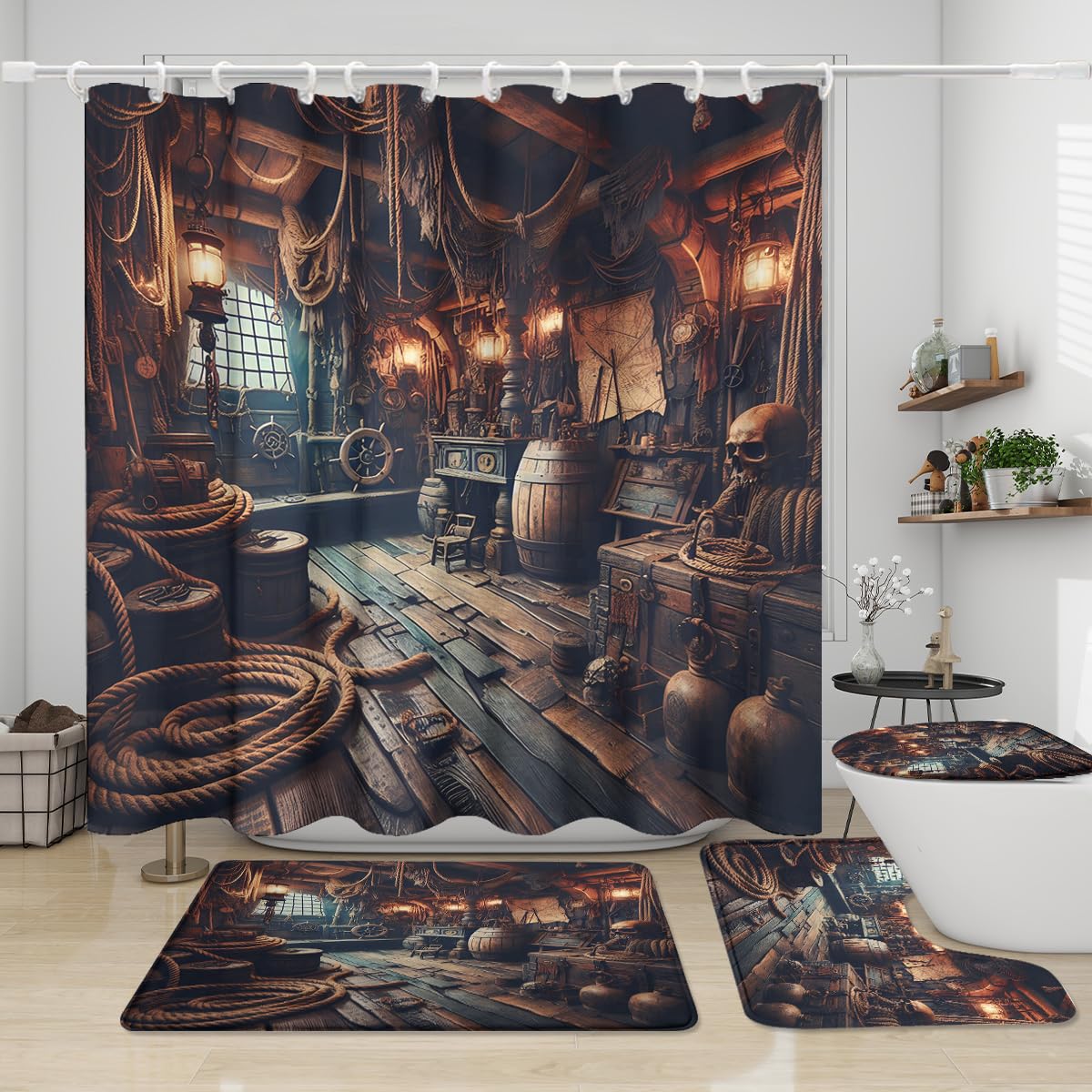 Amazon.com: Rustic Pirate Ship Cabin Shower Curtain Sets 4 Piece ...