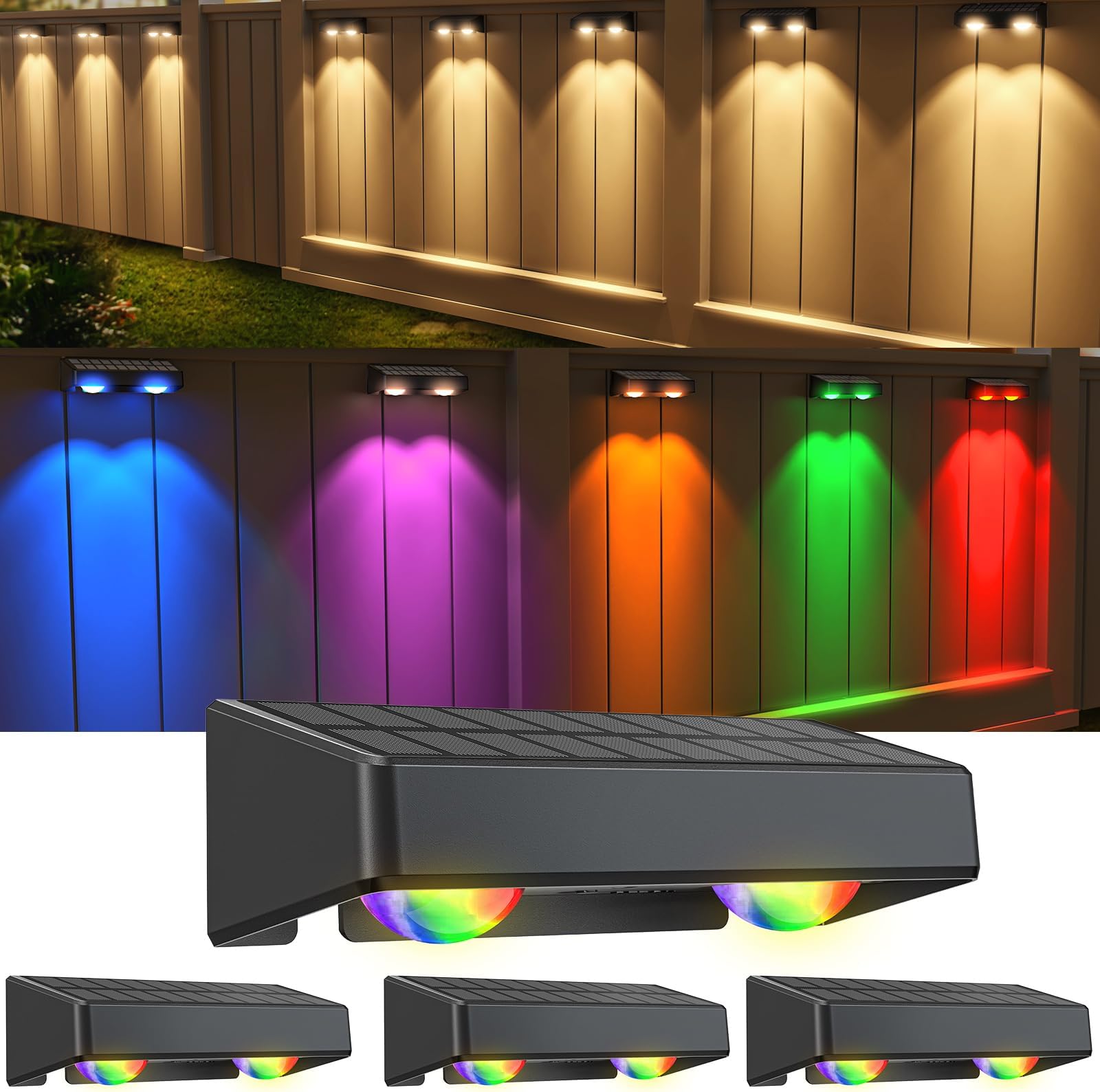 Quntis Solar Lights 4 Pack, RGBWW Solar Fence Lights with 11 Color ...