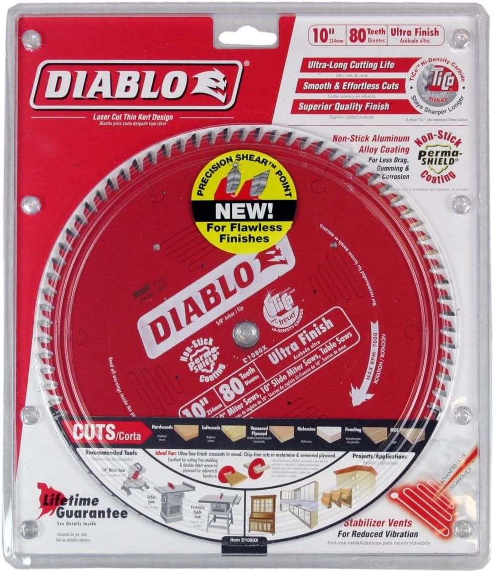 Freud D1080X Diablo 10-Inch 80 Tooth ATB Finish Saw Blade with 5/8-Inch ...