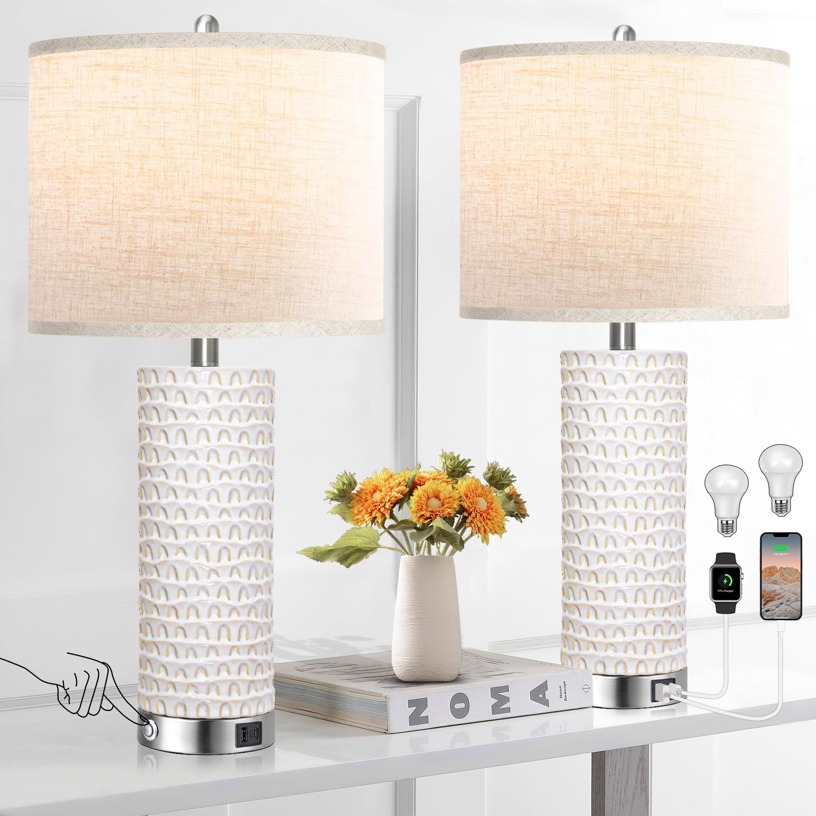 Table Lamps for Living Room Set of 2 Boho White Ceramic Bedside Table ...